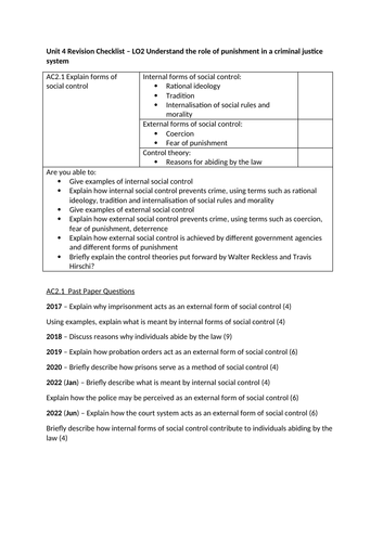 Criminology Unit 4 revision checklist and past paper questions ... Criminology Unit 4 revision checklist and past paper questions ...