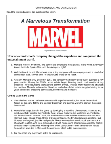 Reading comprehension (Based on the article: A Marvelous Transformation ...