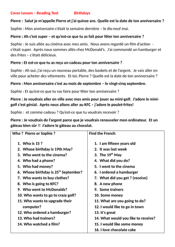 Last Minute Y9 Cover lesson Reading Birthdays - Conversation | Teaching ...