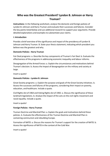 Leaving Cert History: LBJ vs Harry Truman essay plan | Teaching Resources
