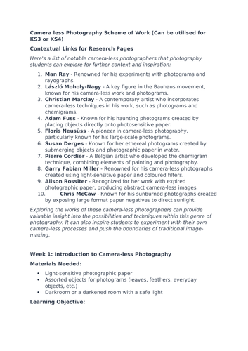 Camera less Photography Scheme Of Work | Teaching Resources