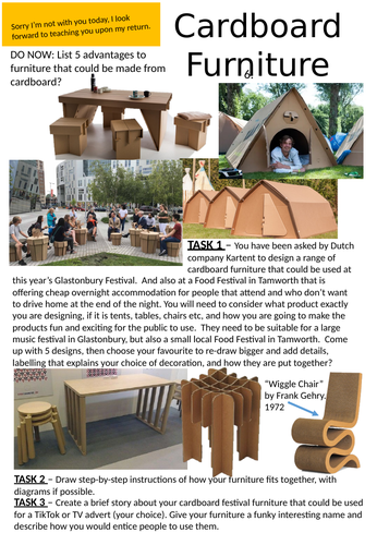 KS3 Design Technology DT - Cover Lesson - Cardboard Furniture ...
