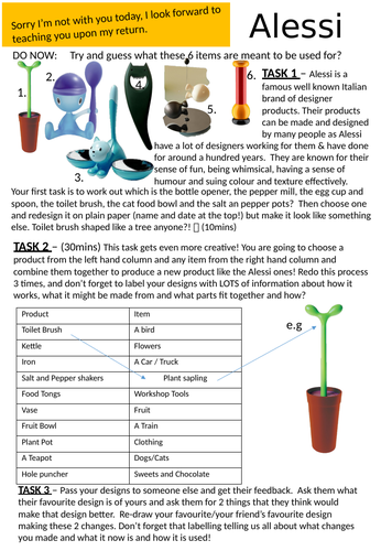 KS3 Design Technology DT - Cover Lesson - Alessi Designing Products ...