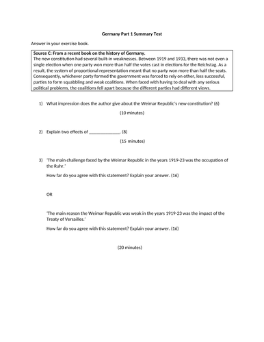 Germany - Practice Test Pack -IGCSE History - Paper 1 | Teaching Resources