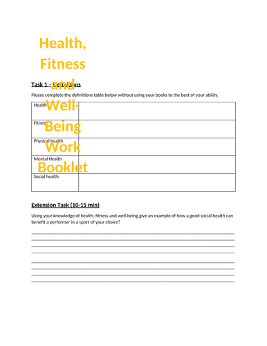 Health, Fitness and Wellbeing Work Booklet | Teaching Resources