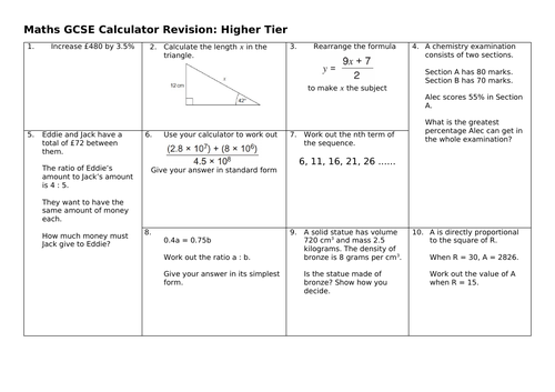 Calculator GCSE Revision Mats | Teaching Resources