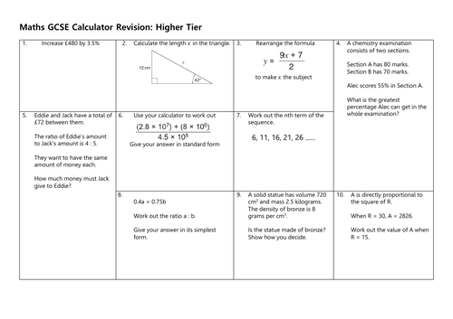 Calculator GCSE Revision Mats | Teaching Resources