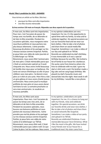 150 words practice on Customs and Festivals GCSE French writing AQA ...