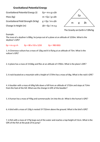 Gravitational Potential Energy Worksheet With Answers | Teaching Resources