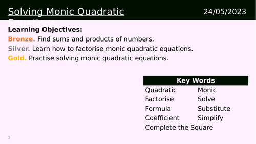 Factorising Monic Quadratic Equations | Teaching Resources Factorising Monic Quadratic Equations | Teaching Resources