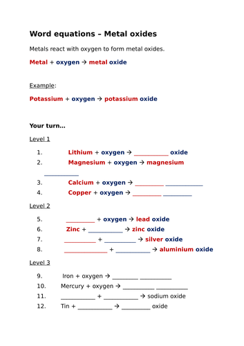 Metal oxide word equations - Colour-coded worksheet | Teaching Resources