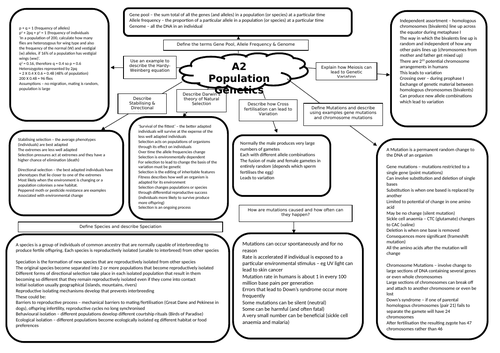 A2 Biology - Completed Population Genetics Revision Mat | Teaching ...