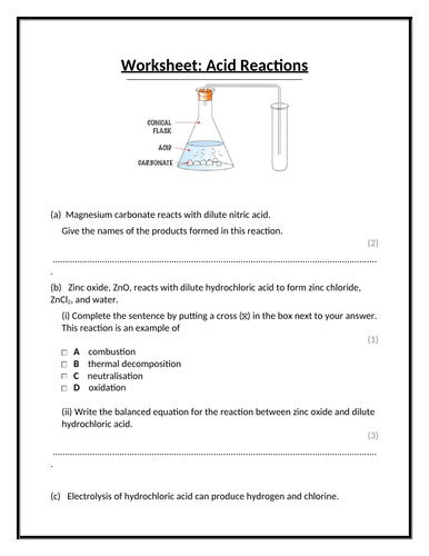ACID REACTIONS WORKSHEET | Teaching Resources
