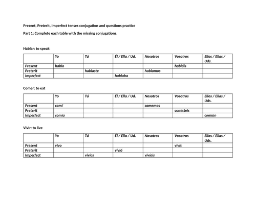 Present, Preterit, Imperfect tenses conjugation and questions practice ...