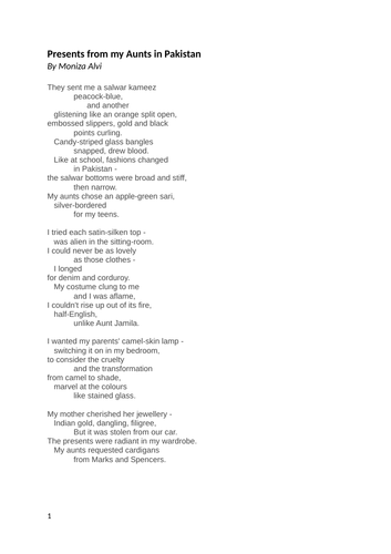 Presents from my Aunts in Pakistan: Unseen Poetry | Teaching Resources