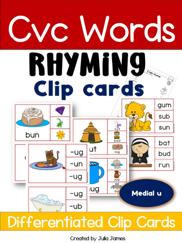 CVC Rhyming Words Clip Cards Medial u | Teaching Resources