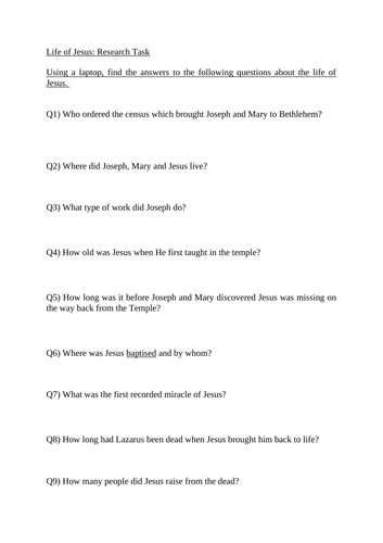 Life of Jesus Research Questions | Teaching Resources