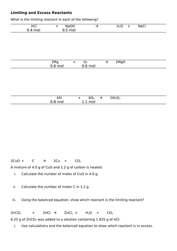Limiting And Excess Reactants Teaching Resources
