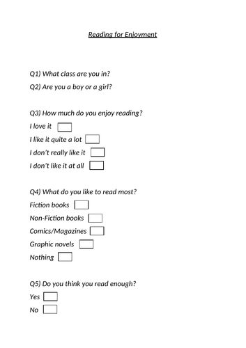 Reading for Enjoyment Survey | Teaching Resources