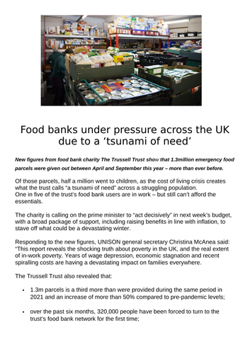 Non-fiction food banks worksheet with reading and writing tasks KS3/KS4 ...