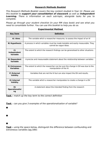 Psychology Research Methods Booklet | Teaching Resources