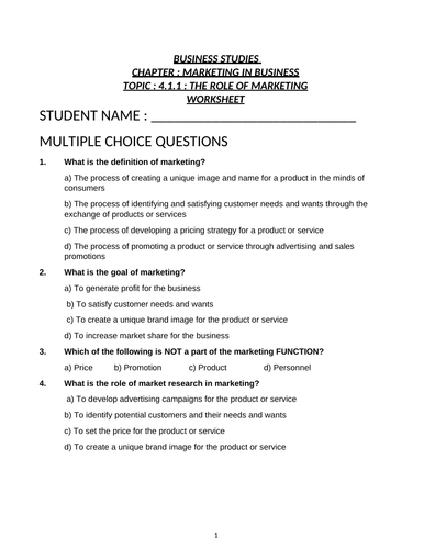 Role of Marketing | Teaching Resources