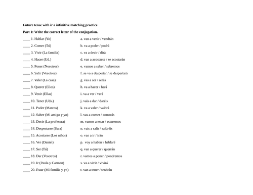 Future tense with ir a infinitive matching practice | Teaching Resources