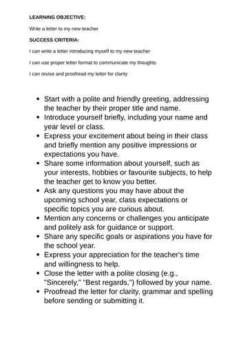 Letter to My New Teacher Activity | Teaching Resources