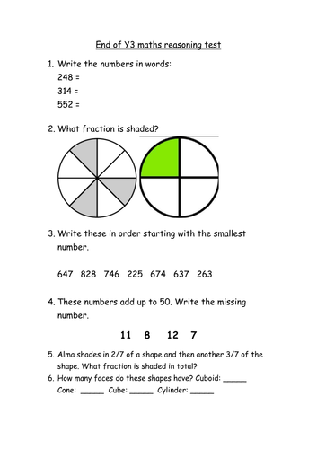 End of Year 3 Maths test - 2 arithmetic test and 2 reasoning tests ...