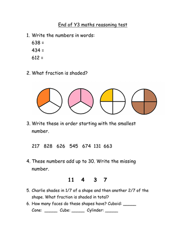 End of Year 3 Maths test - 2 arithmetic test and 2 reasoning tests ...
