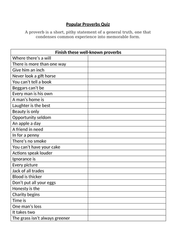 Popular Proverbs Quiz | Teaching Resources