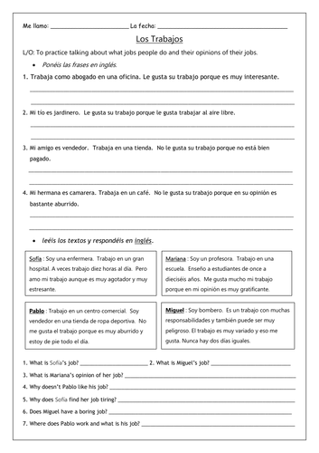 SPANISH - JOBS - LOS TRABAJOS | Teaching Resources