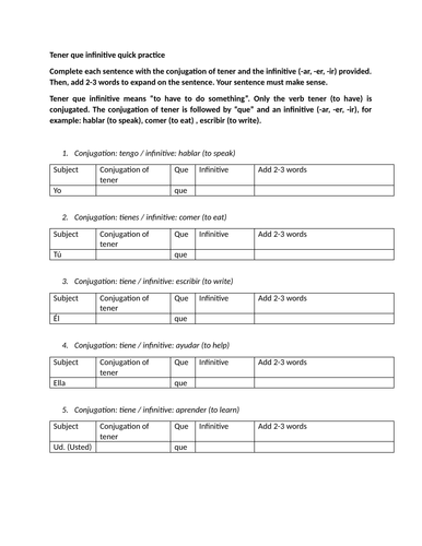 Tener que infinitive quick practice | Teaching Resources