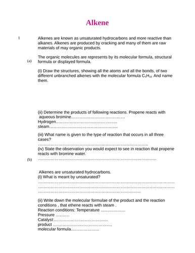Alkene worksheet with answers for Cambridge IGCSE | Teaching Resources