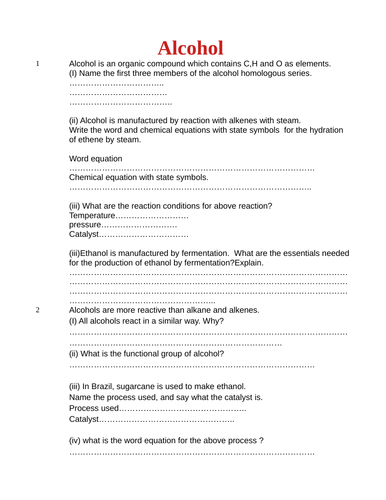 Alcohol worksheet | Teaching Resources