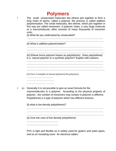 Polymers and polymerisation worksheet | Teaching Resources