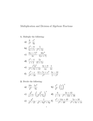 Multiplication and Division of Algebraic Fractions Worksheet No 2 (with ...