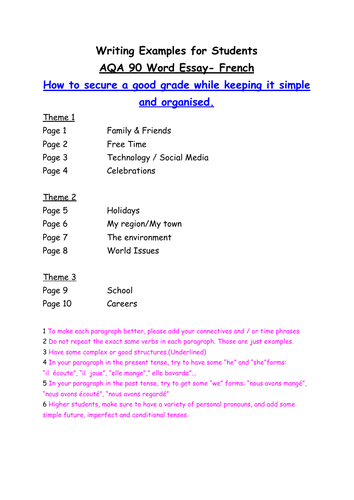 Writing Examples for Students AQA 90 Word Essay- French | Teaching ...