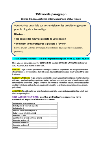 GCSE FRENCH WRITING- SUCCESS IN 150 PARAGRAPH TASK (AQA) | Teaching ...