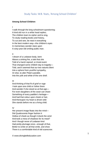 Poetry Study Worksheet: W.B. Yeats, 'Among Schoolchildren' | Teaching ...