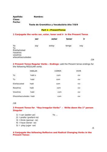 Spanish Grammar Test Key Stage 3 and 4 | Teaching Resources