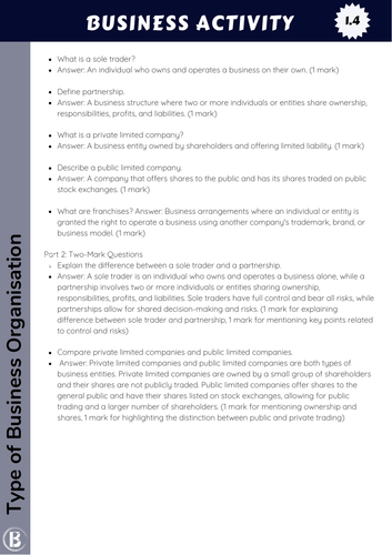 Igcse Business Unit 1 4 Types Of Business Organisation Teaching Resources