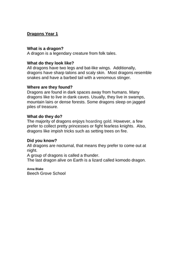 Dragons information text Year 1 | Teaching Resources