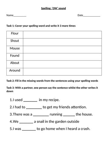 Spelling activity 'OW' sound | Teaching Resources