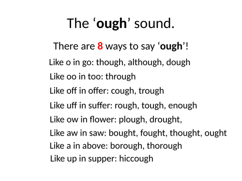 Basis of a spelling lesson to introduce 'ough' spellings | Teaching ...