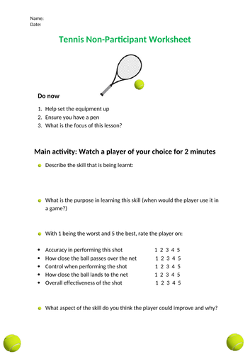 Tennis non-participant worksheet | Teaching Resources