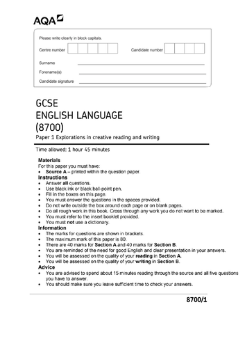 mock paper Language Paper 1 GCSE AQA | Teaching Resources