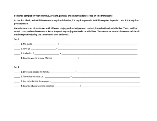 Sentence completion with infinitive, present, preterit, and imperfect ...