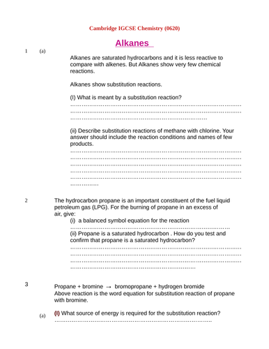 Worksheet - Alkane for Cambridge IGCSE chemistry. | Teaching Resources