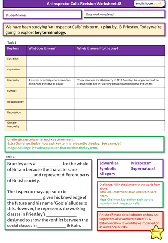 An Inspector Calls Revision Worksheets | Teaching Resources